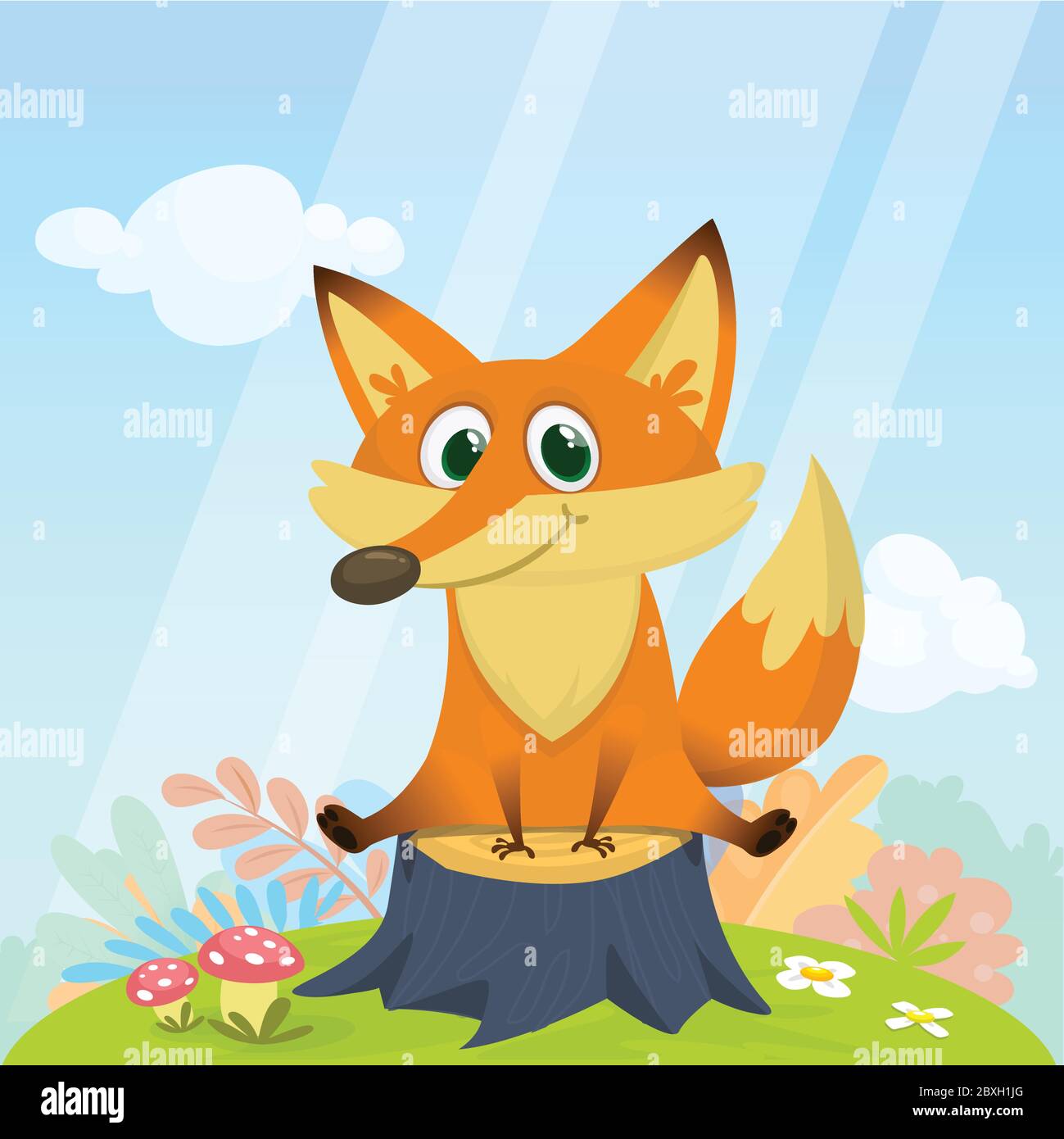 Funny cartoon fox. Vector illustration of red fox sitting on a tree ...