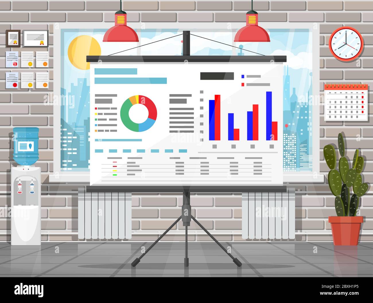Office building interior. Projector screen, lamp. Window with cityscape ...