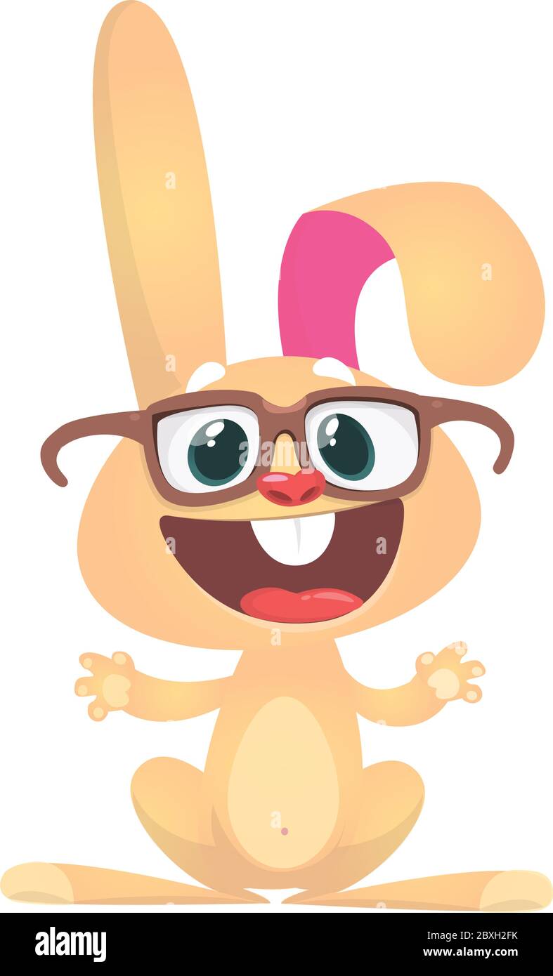 Happy cartoon rabbit wearing big eyesglasses waving hand. Vector ...