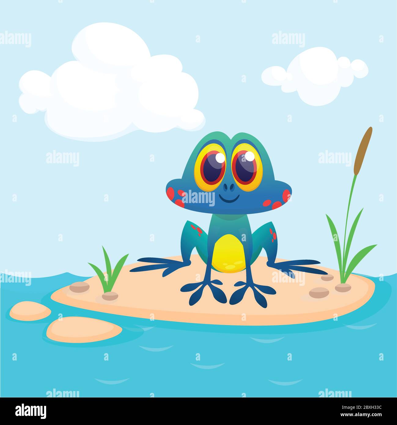 Frog Cartoon Character sitting on the ground in the middle of river or ...