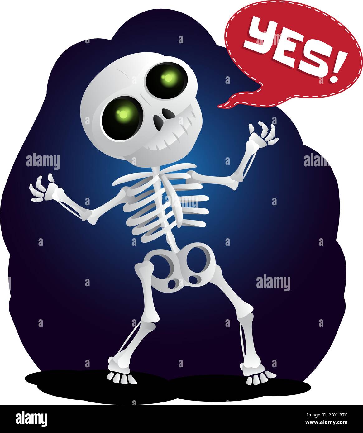 Happy cartoon skeleton raises his hands in the air. Vector illustration ...