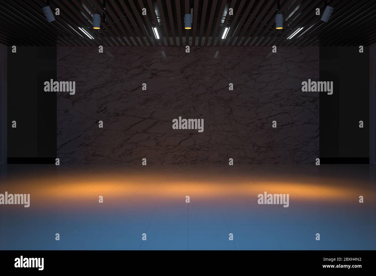 The empty showroom with glowing lights, 3d rendering. Computer digital ...