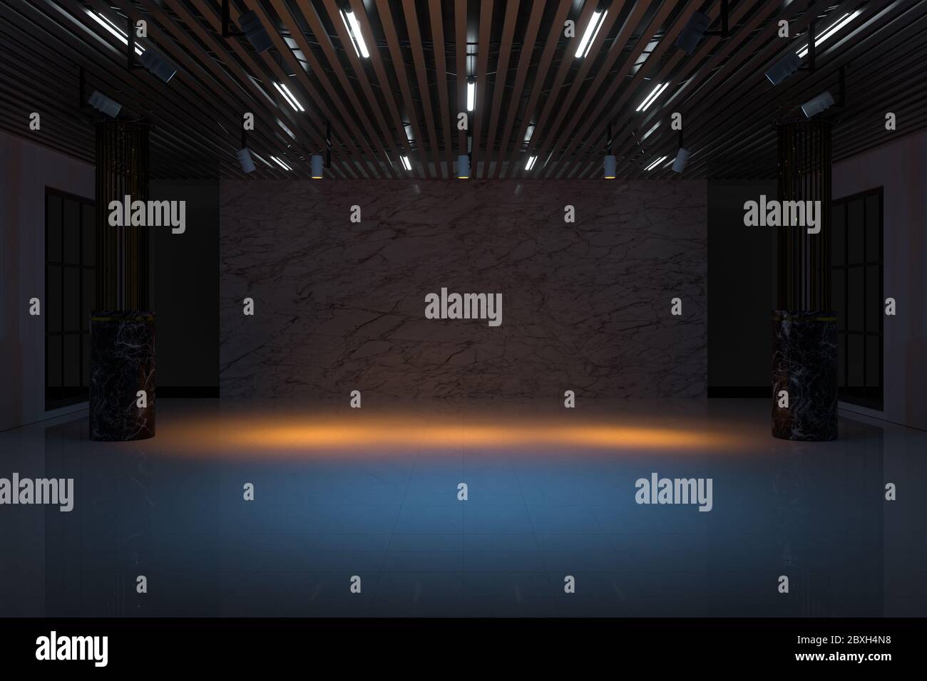 The empty showroom with glowing lights, 3d rendering. Computer digital ...