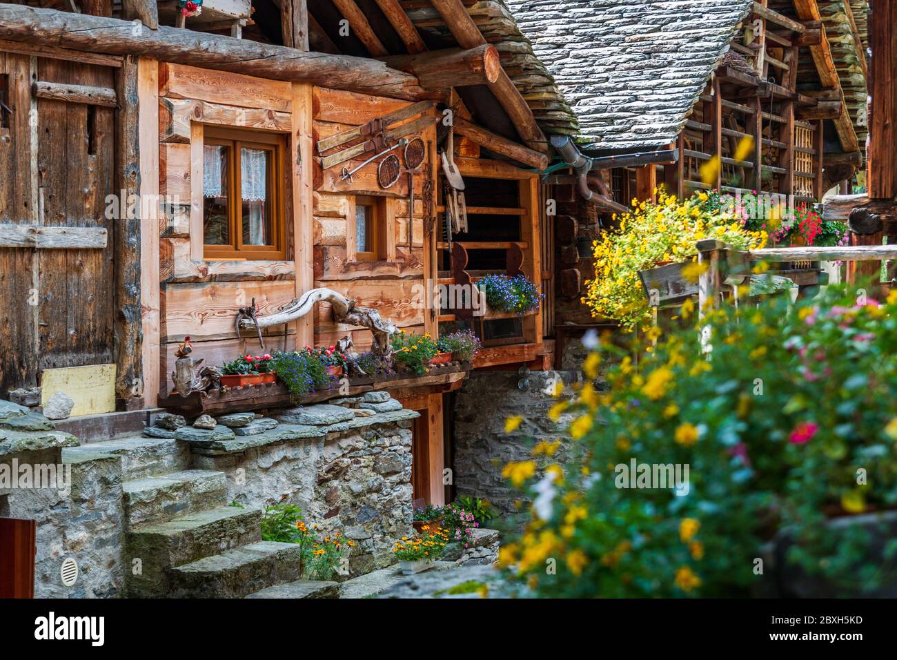Typical Walser style houses in Pedemonte, Alagna Valsesia, Piedmont ...