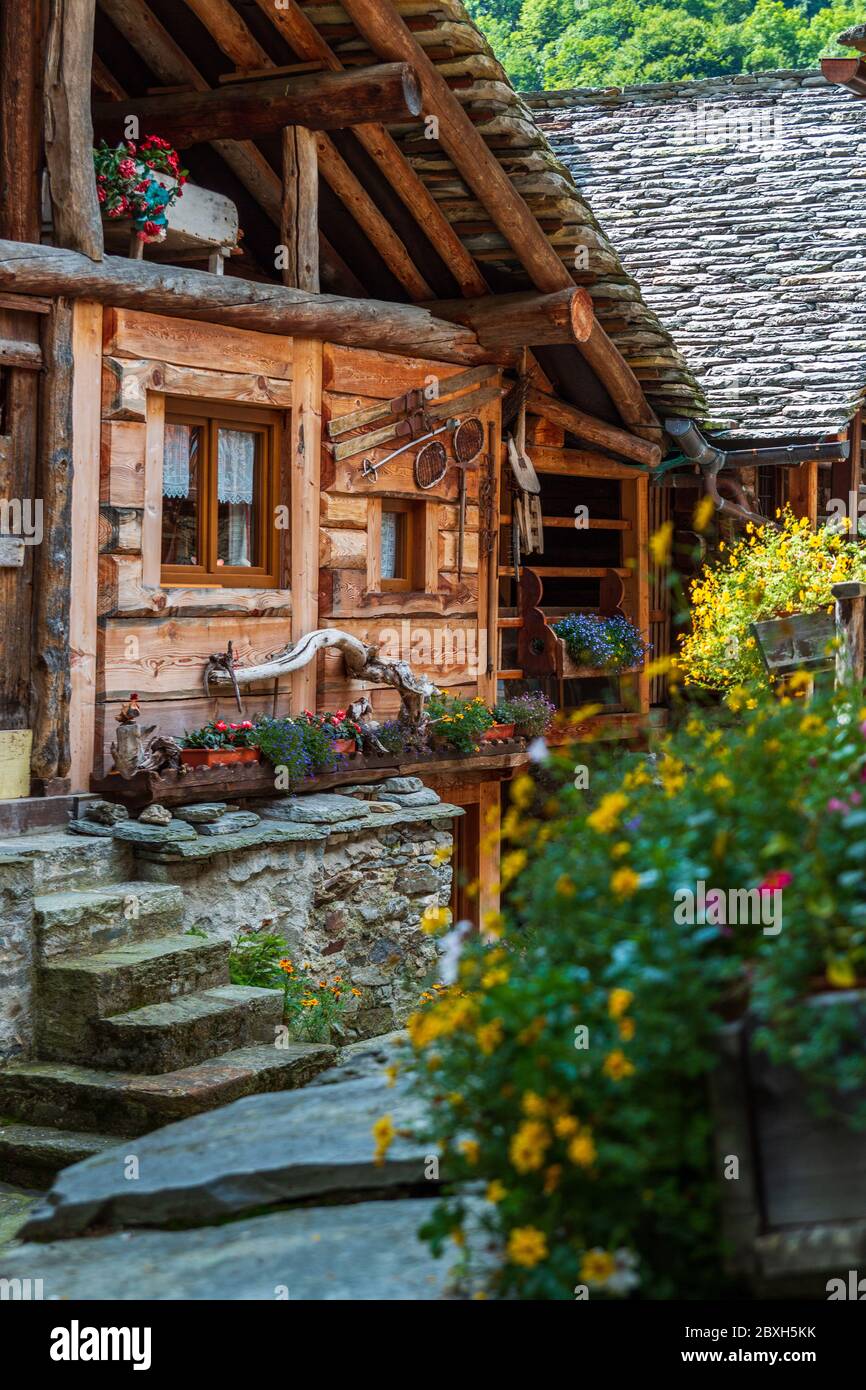 Typical Walser style houses in Pedemonte, Alagna Valsesia, Piedmont ...