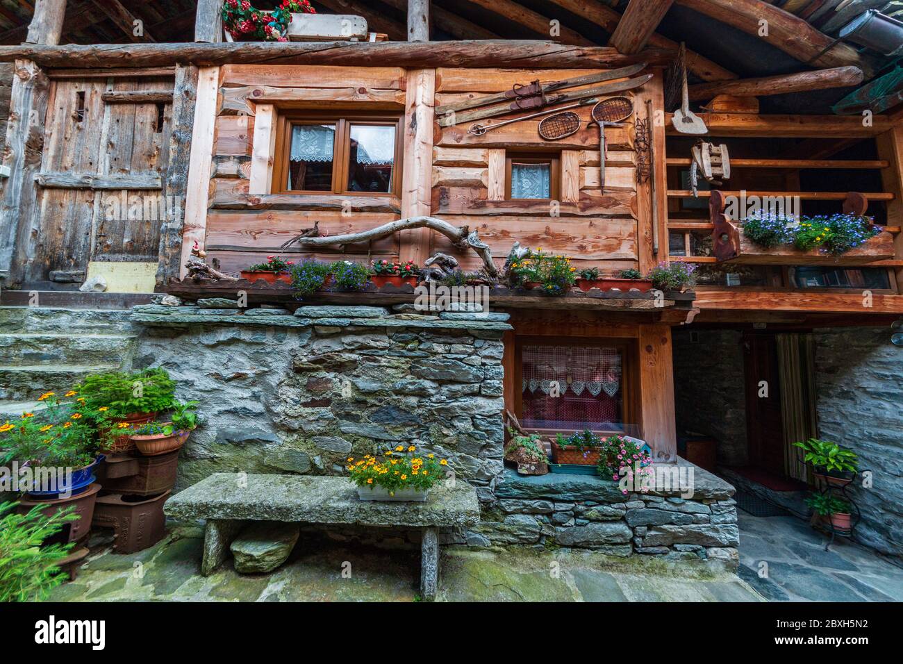 Typical Walser style houses in Pedemonte, Alagna Valsesia, Piedmont ...