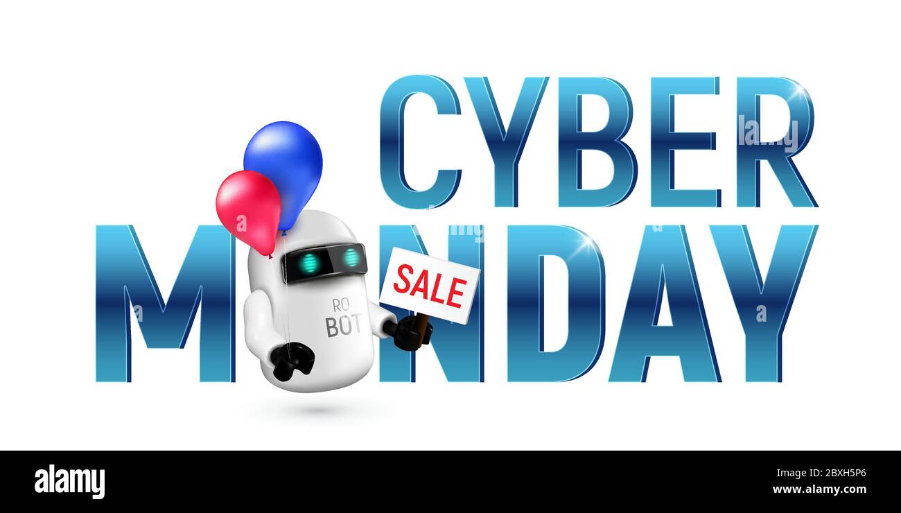 Cute flying robot with red and blue balloons holding a sale sign in ...