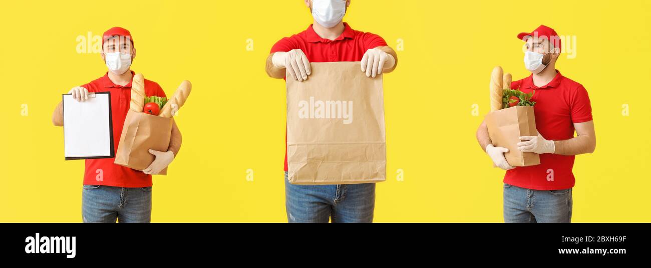 Male couriers of food delivery company in medical masks on color ...