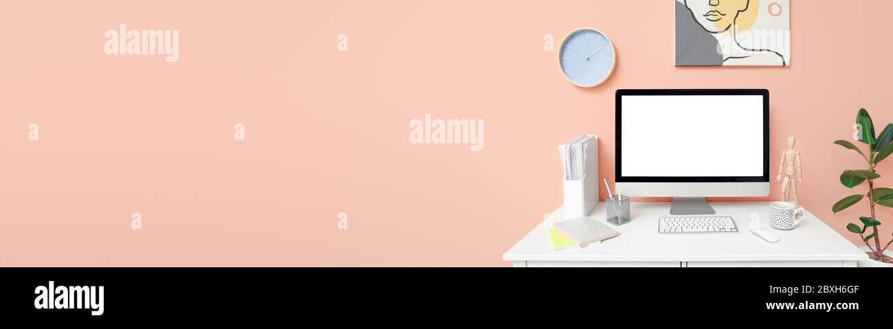 Modern workplace with computer in room with space for text Stock Photo ...