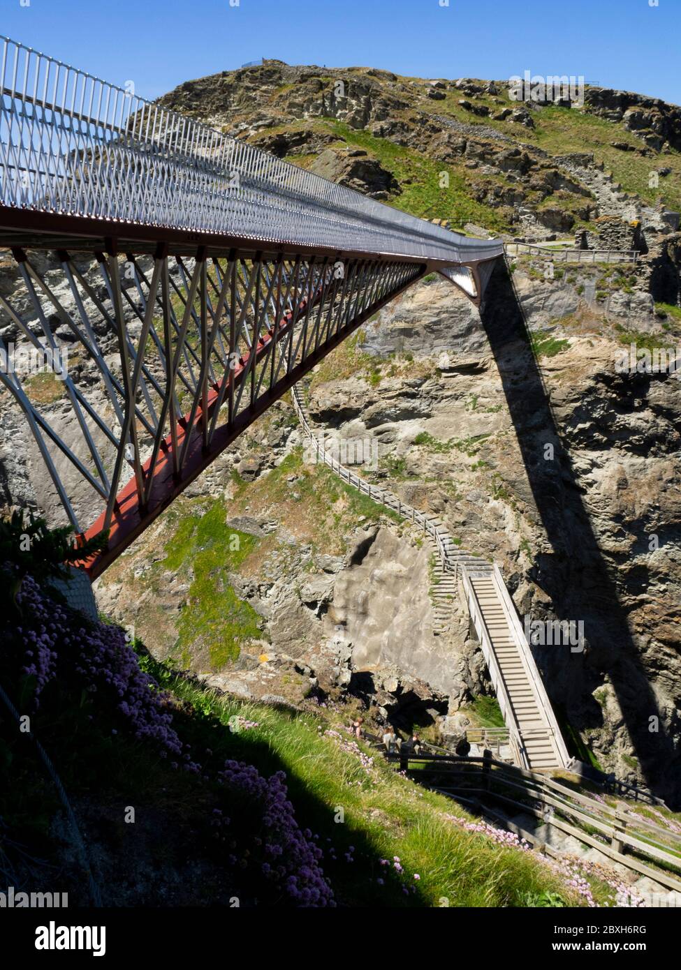 Tintagel Castle New and old Bridges Stock Photo - Alamy