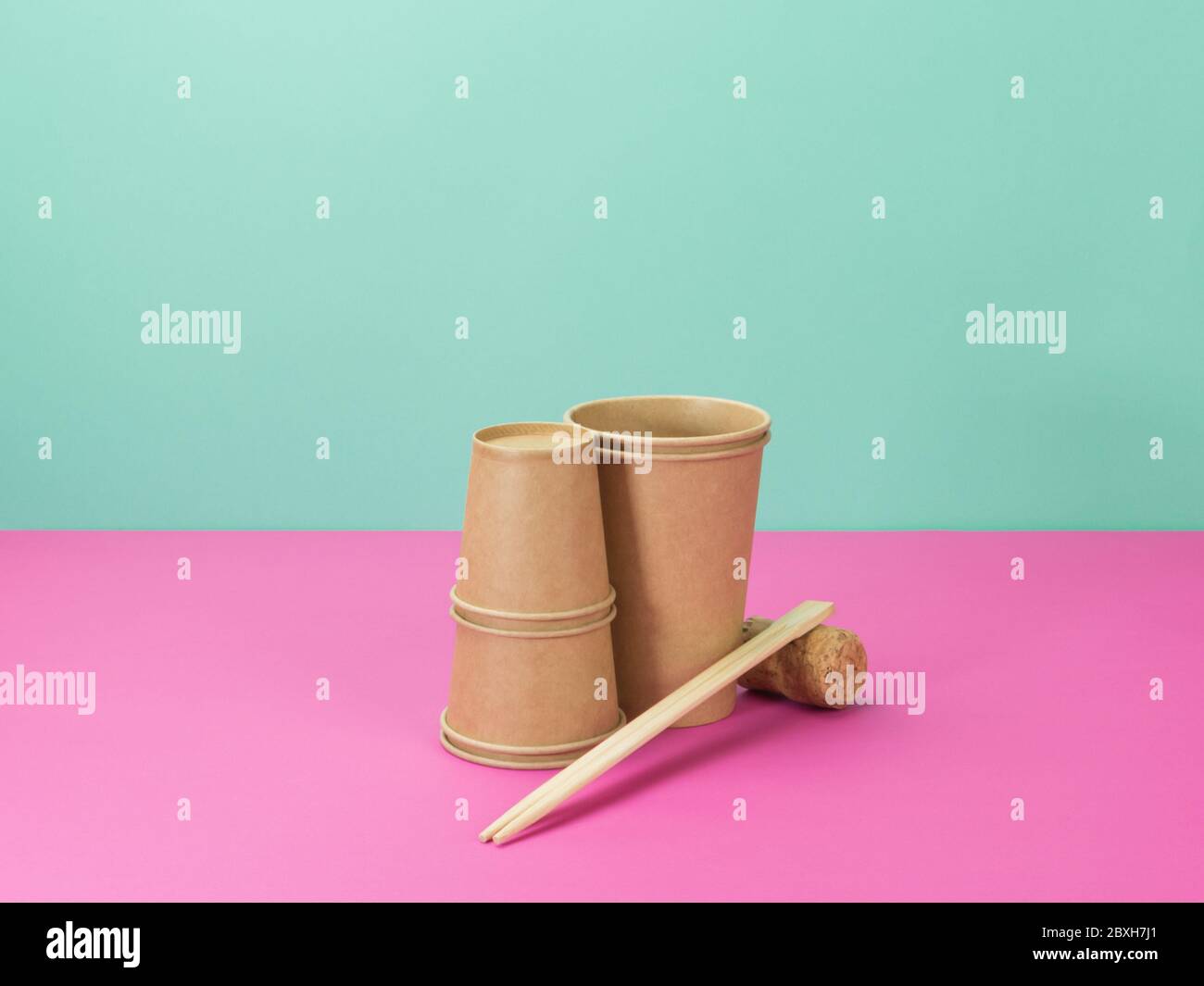 Disposable tableware of environmental materials on a pink and turquoise ...