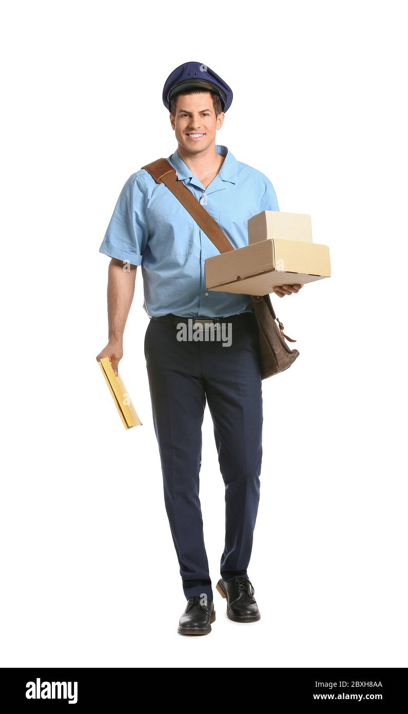 Handsome young postman on white background Stock Photo - Alamy