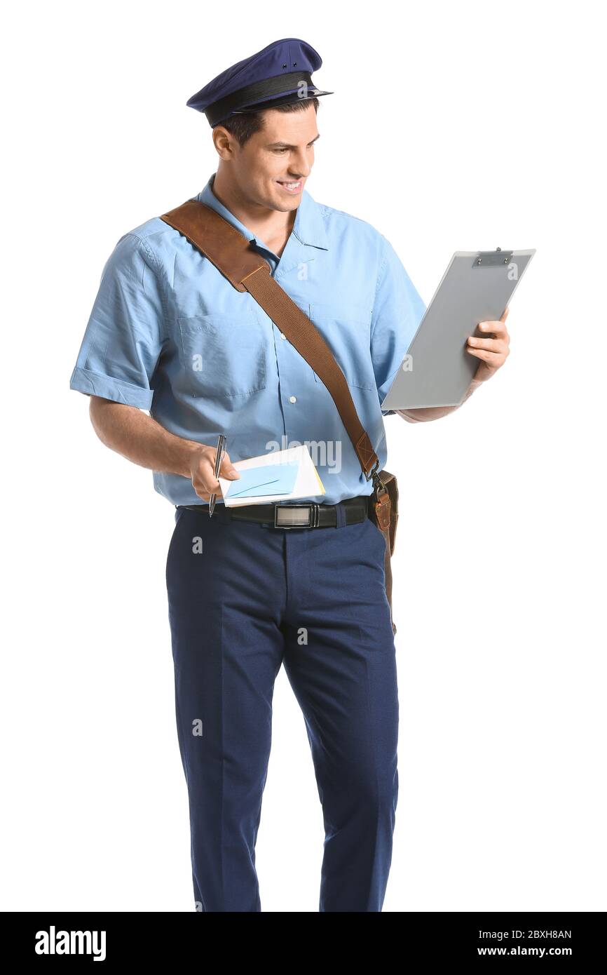 Handsome young postman on white background Stock Photo - Alamy