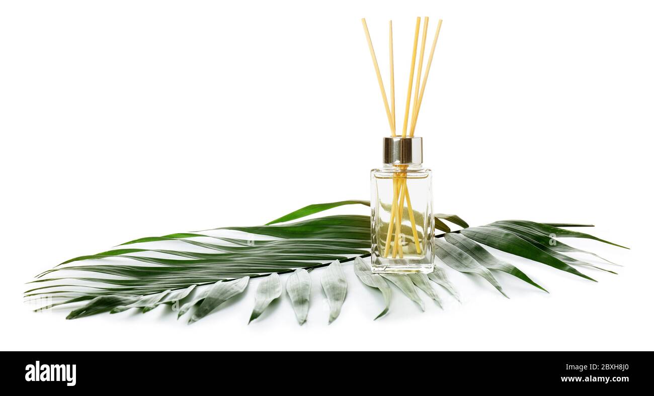 Herbal reed diffuser on white background Stock Photo - Alamy