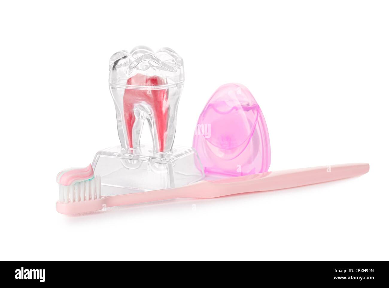 Toothbrush with dental floss, floss and tooth on white background Stock ...