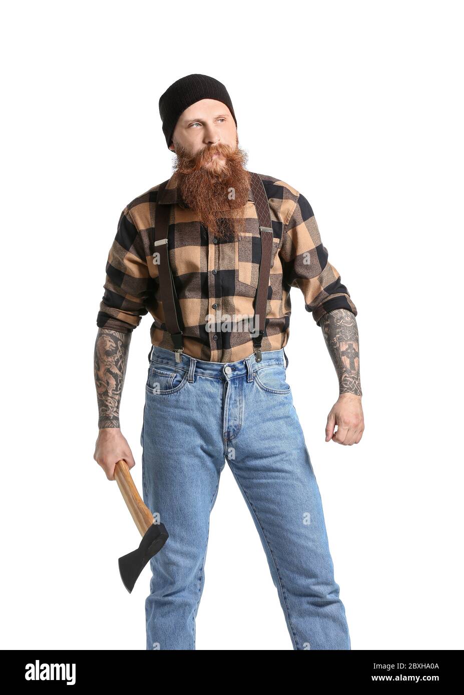 Handsome lumberjack on white background Stock Photo - Alamy