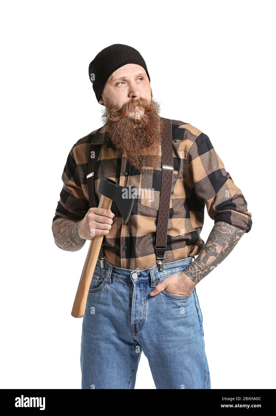 Handsome lumberjack on white background Stock Photo - Alamy