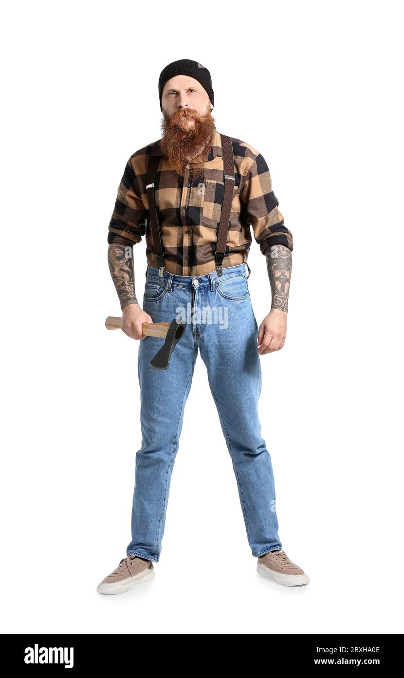 Handsome lumberjack on white background Stock Photo - Alamy