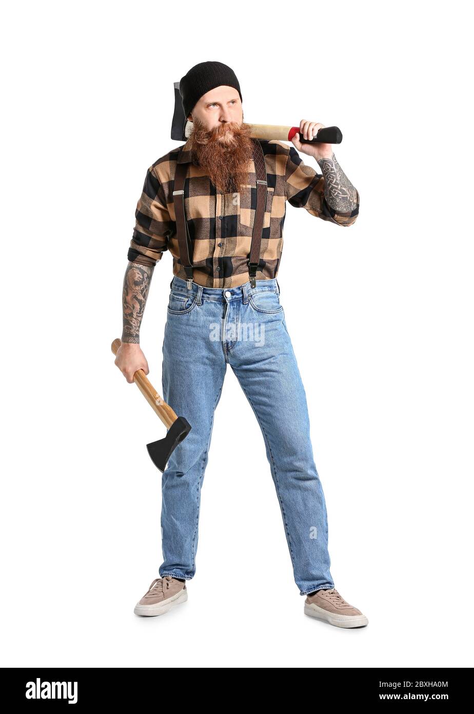 Handsome lumberjack on white background Stock Photo - Alamy