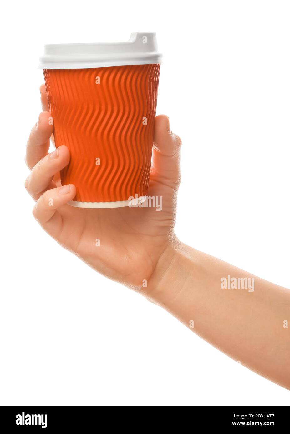Female hand with cup of coffee on white background Stock Photo - Alamy