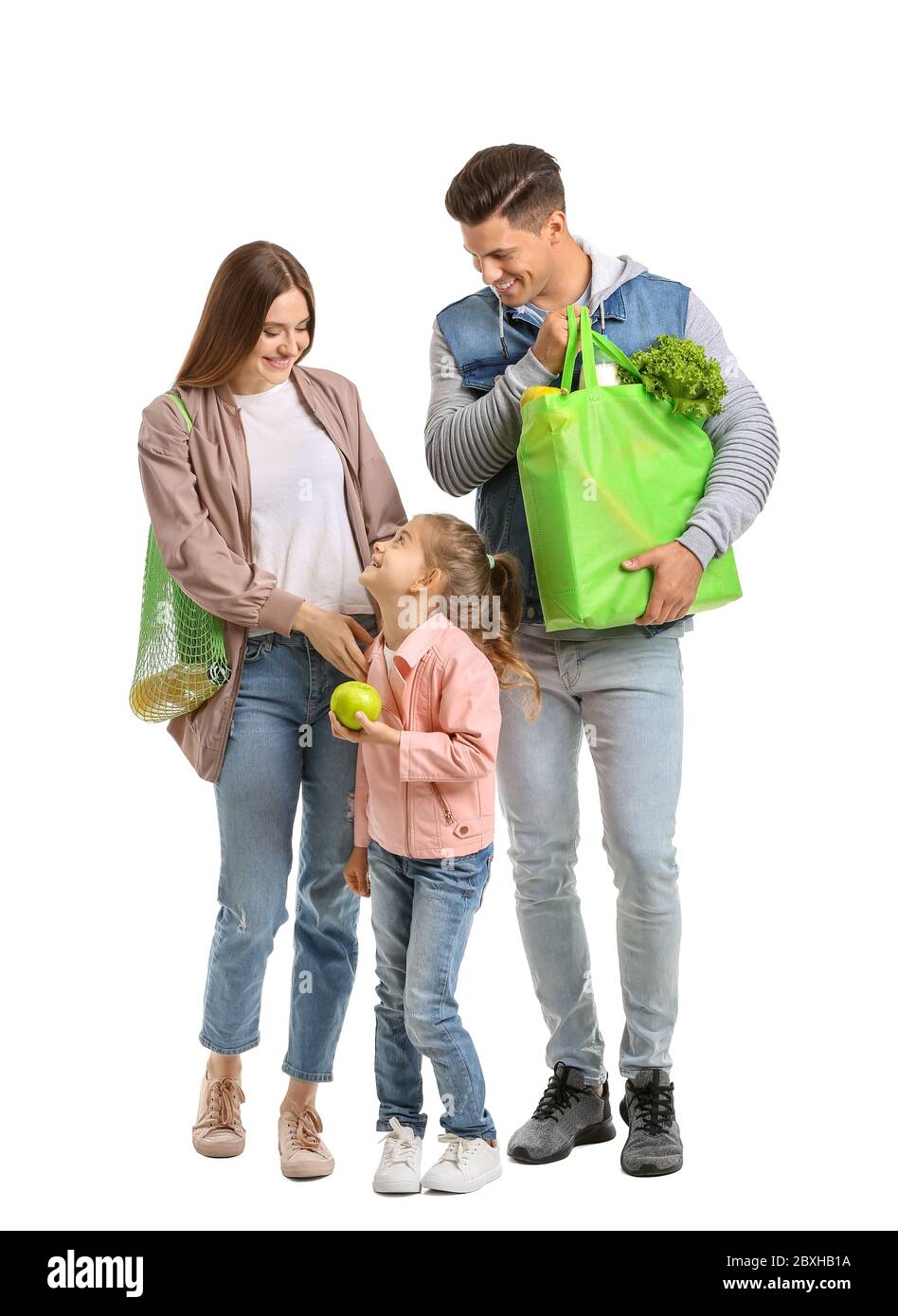 Family with food in bags on white background Stock Photo - Alamy
