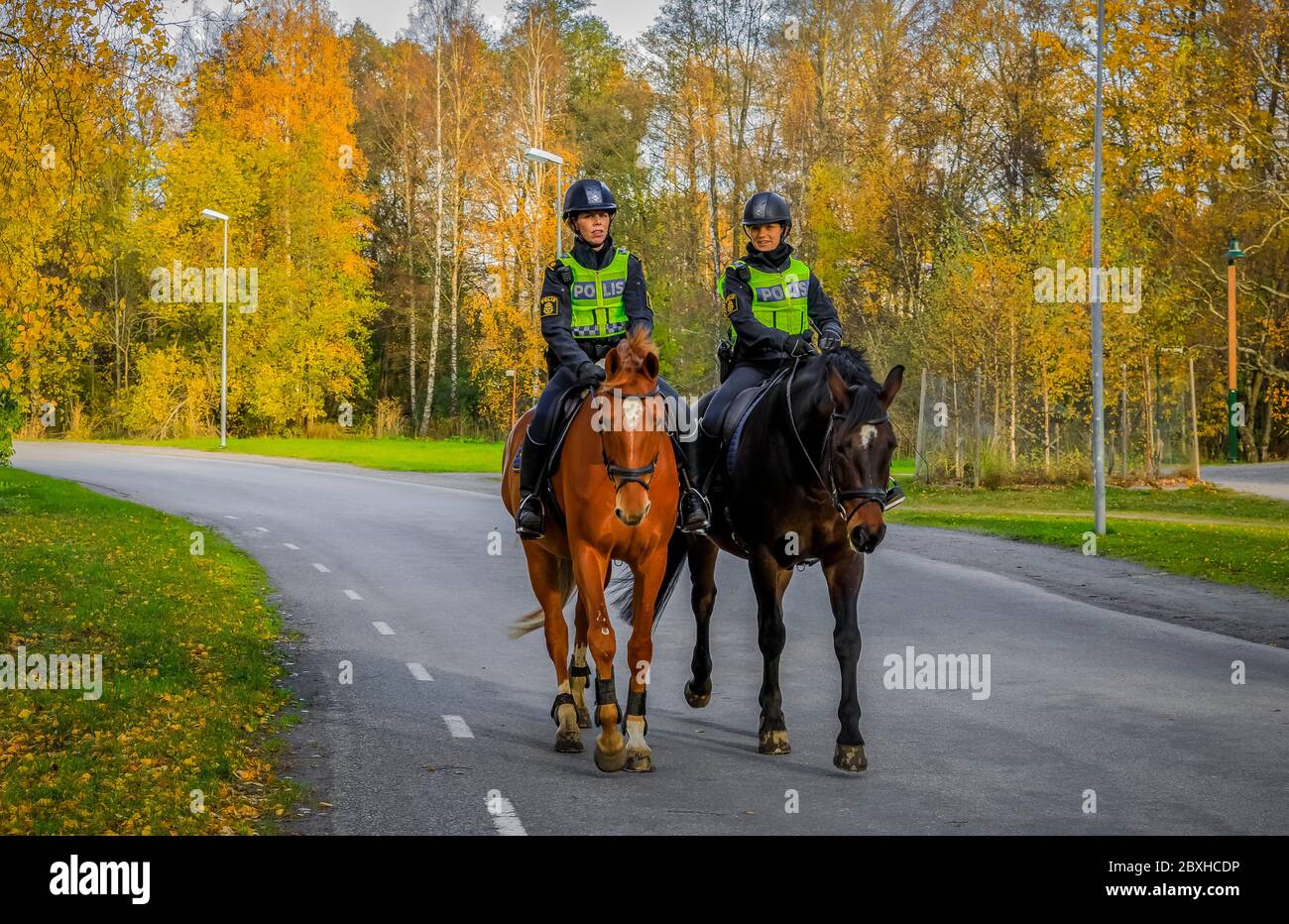 Stockholm, Sweden - October 30, 2017: Swedish female mounted police ...