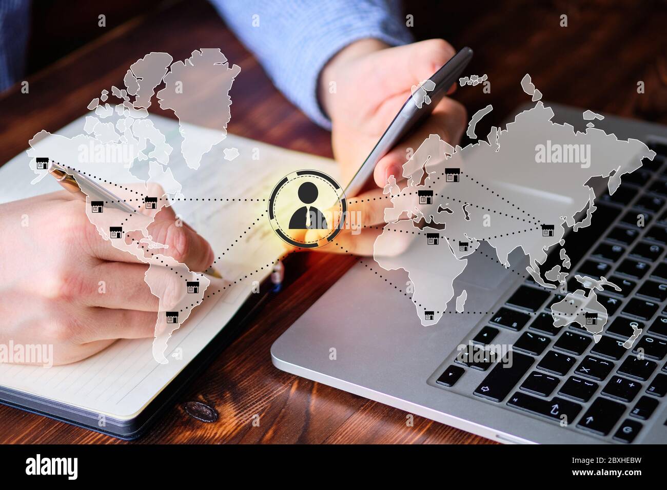 Concept of retail store owner on world map with icons Stock Photo - Alamy