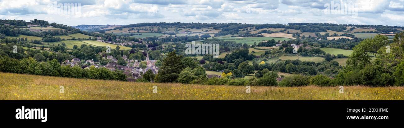 Panoramic landscape looking down on the historic village of Box, near ...