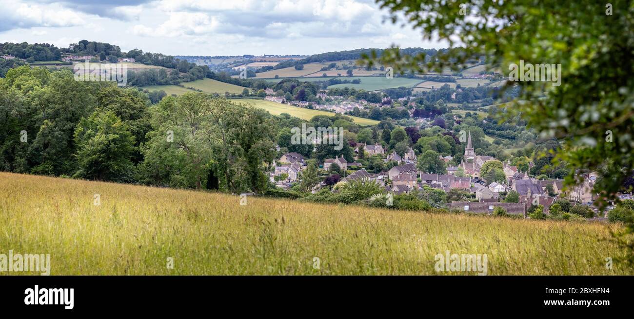 Panoramic landscape looking down on the historic village of Box, near ...