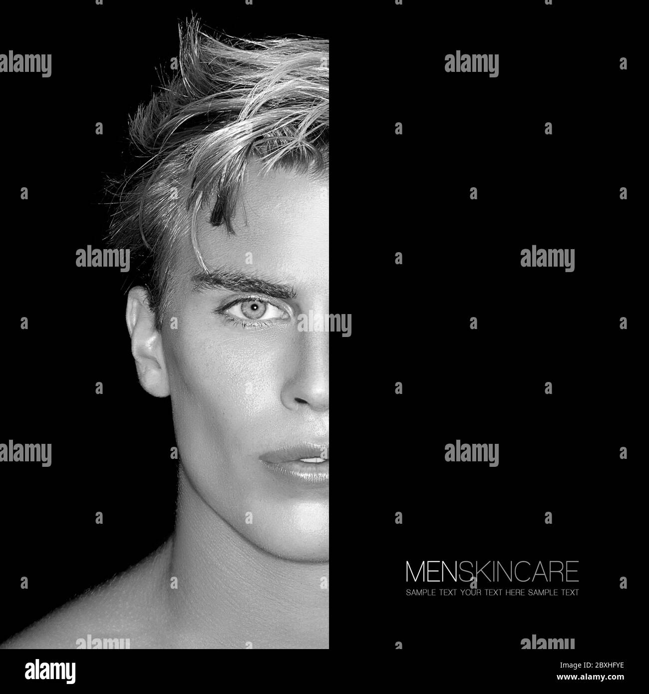 Handsome young man half face. Perfect skin. Men beautycare concept ...