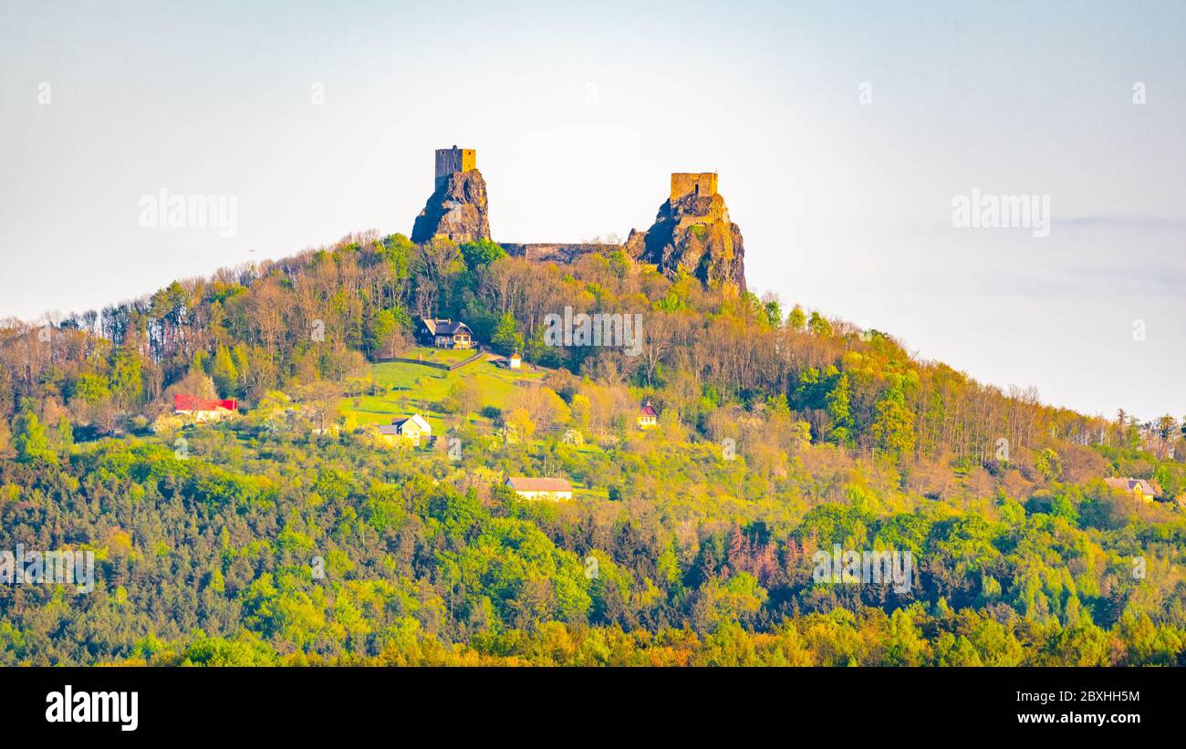 Trosky castle ruins. Two towers of old medieval castle on the hill ...