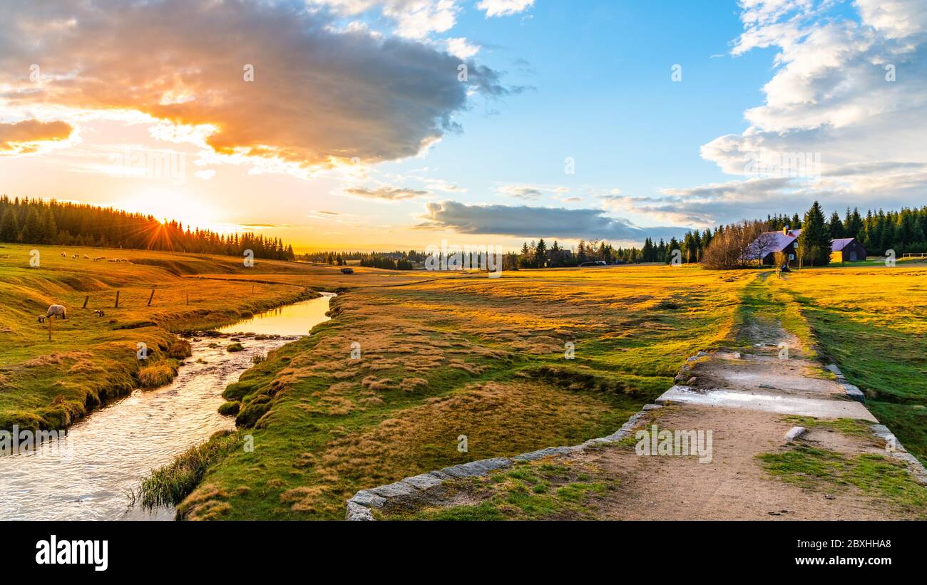 Rural grassland landscape in sunny spring evening. Sunset in Jizerka ...