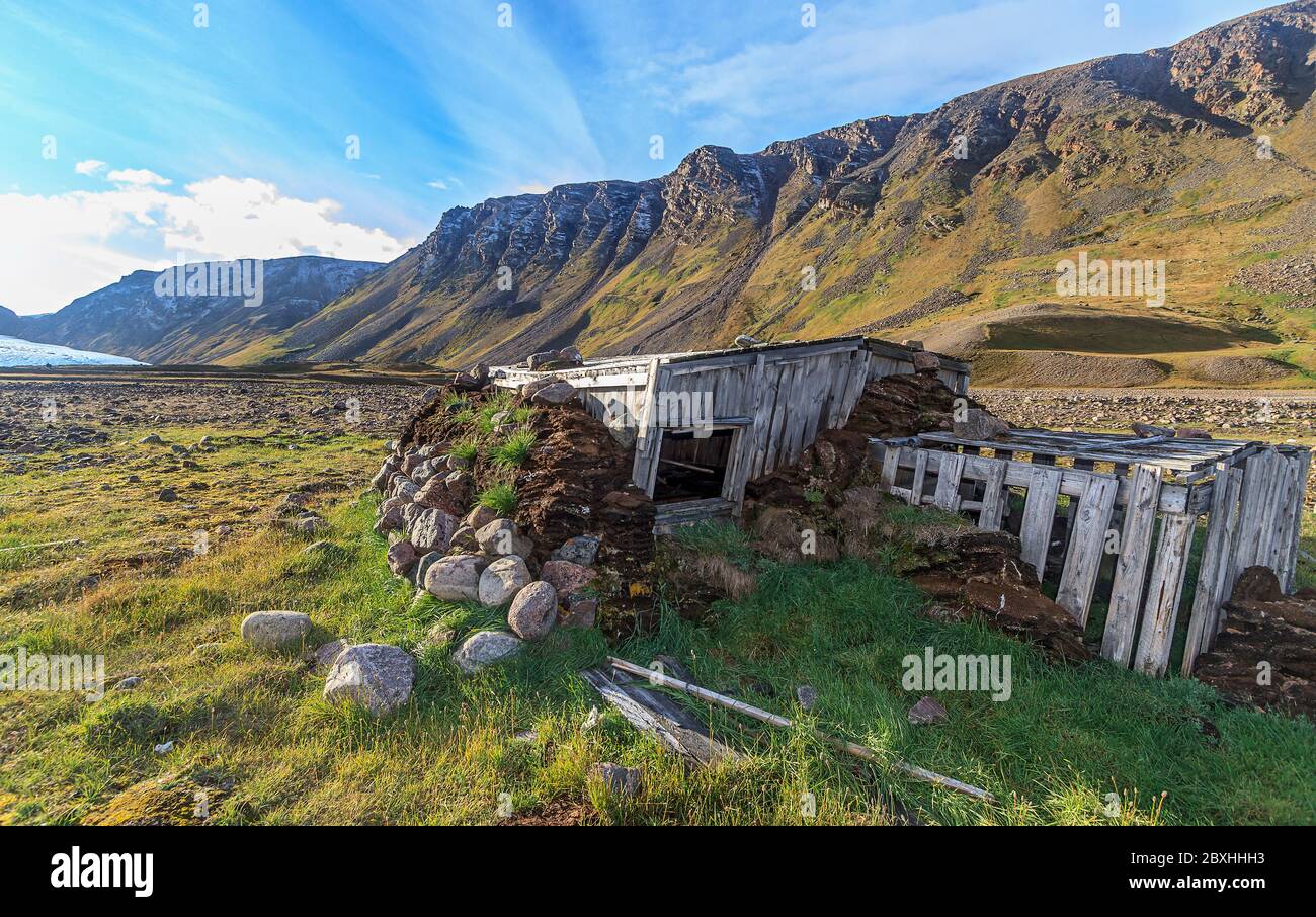 Hunting cabin near the shore of Etah, an old Inuit village site in Kane ...