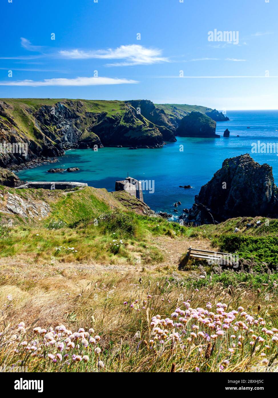Overlooking Mullion Cove on a beautiful sunny summers day. Cornwall ...