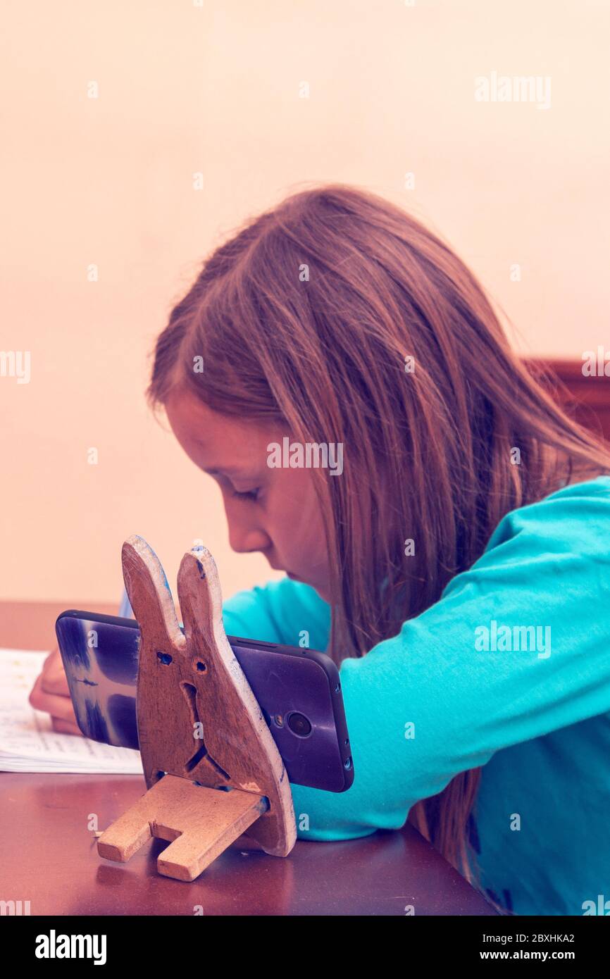 Home schooling. schoolgirl studying homework math during her online ...