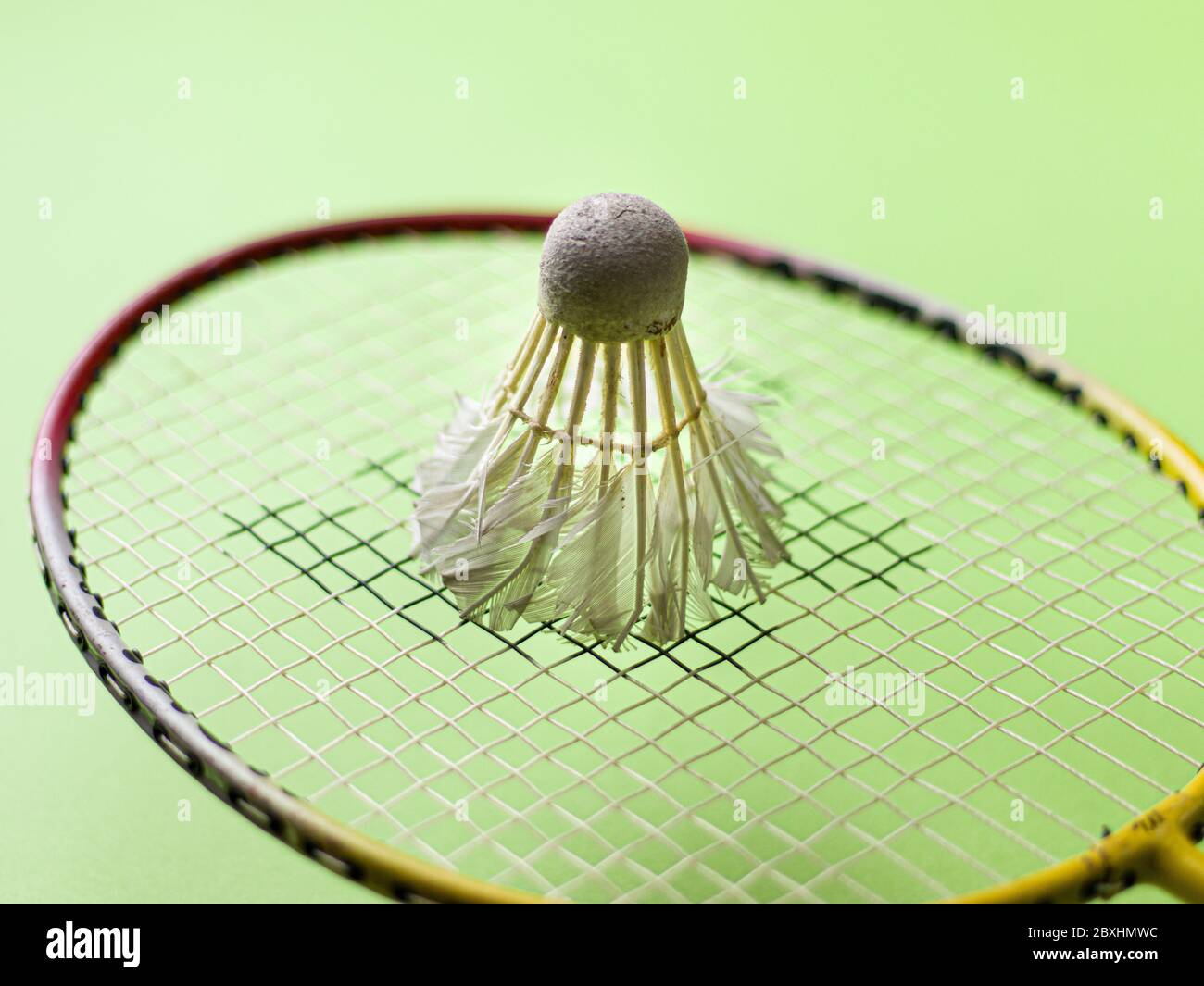 Badminton racket and White Feather Shuttlecock with a colour green ...
