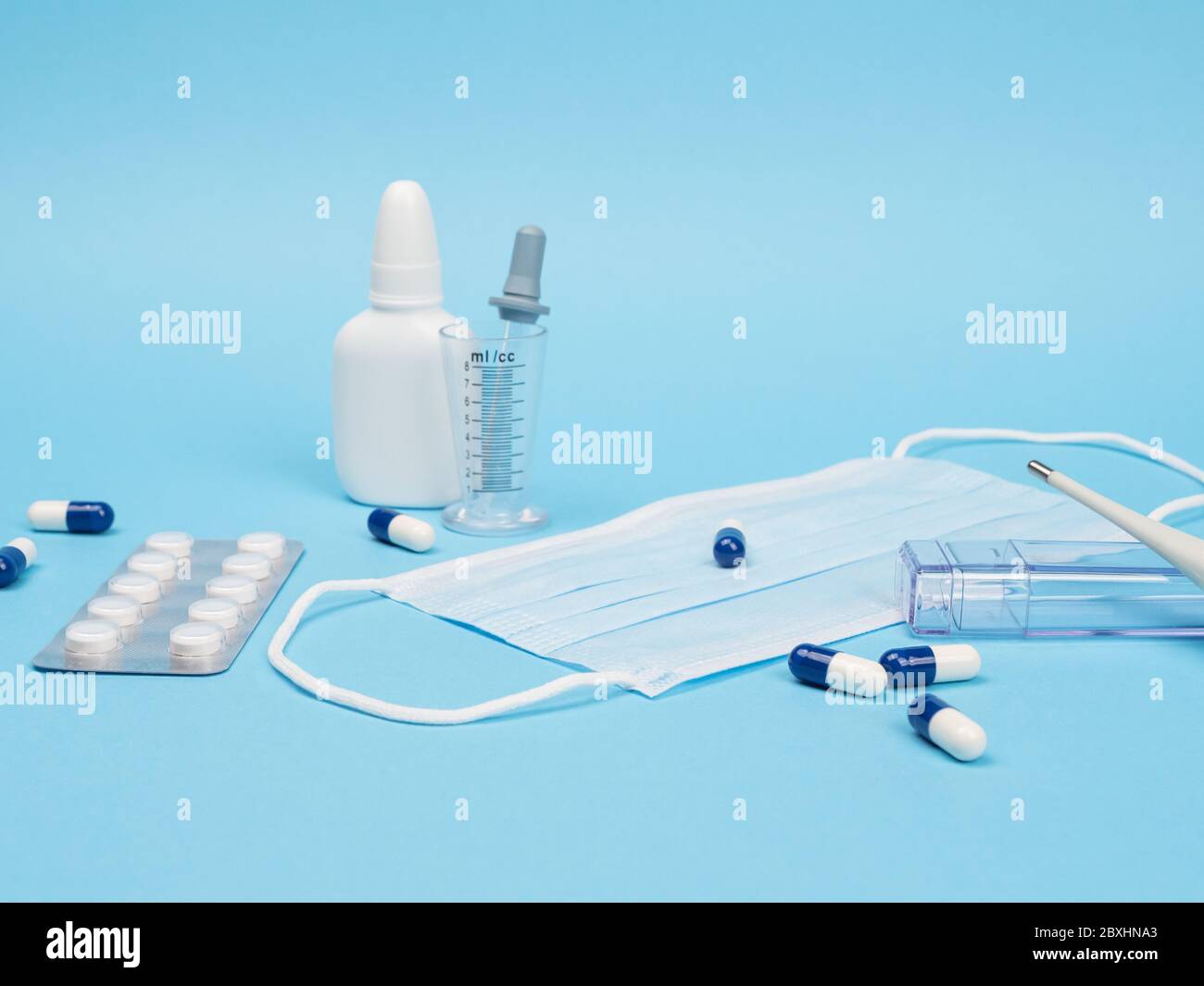 Medical kit for the treatment of diseases on a blue background Stock ...