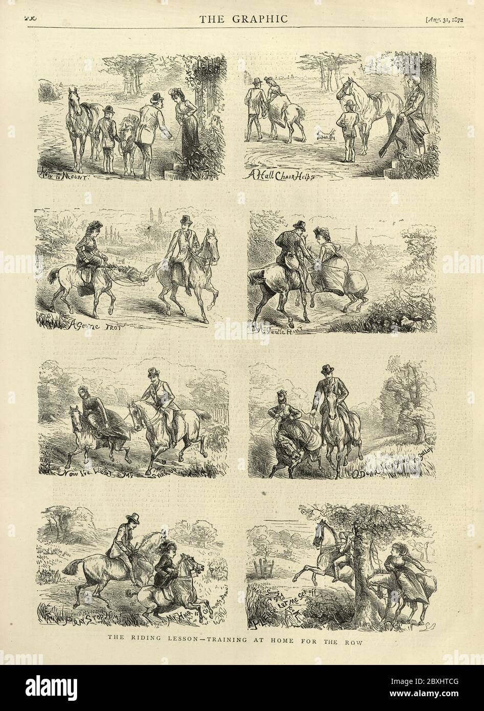 Sketches on woman learning to ride a horse, 19th Century. Riding lesson ...