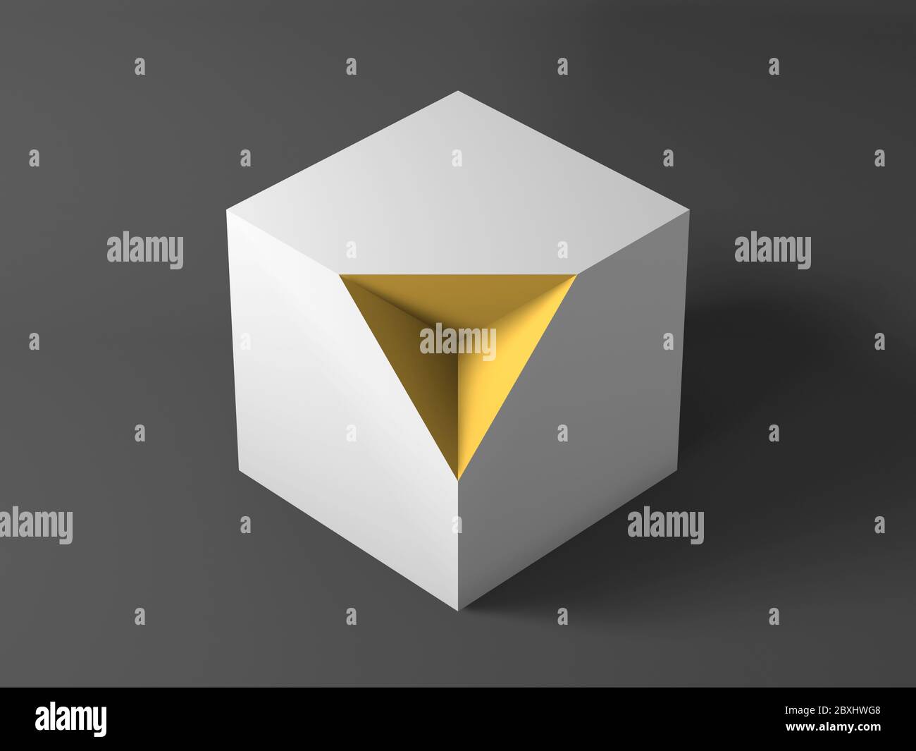 Abstract minimal object, cgi installation, white cube with yellow ...