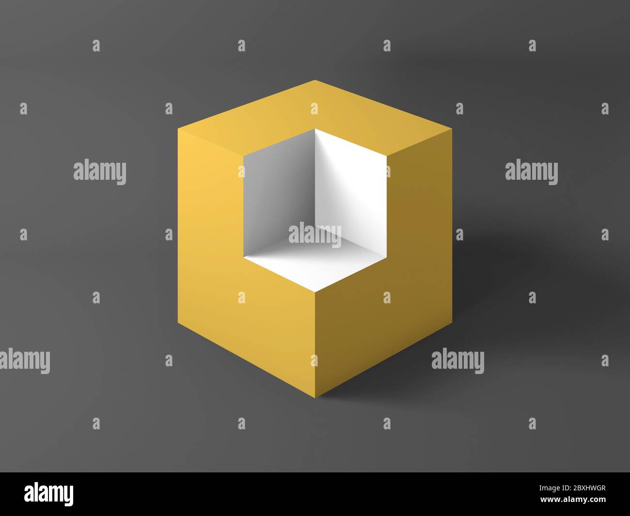 Abstract still life installation, yellow cube with blank white section ...