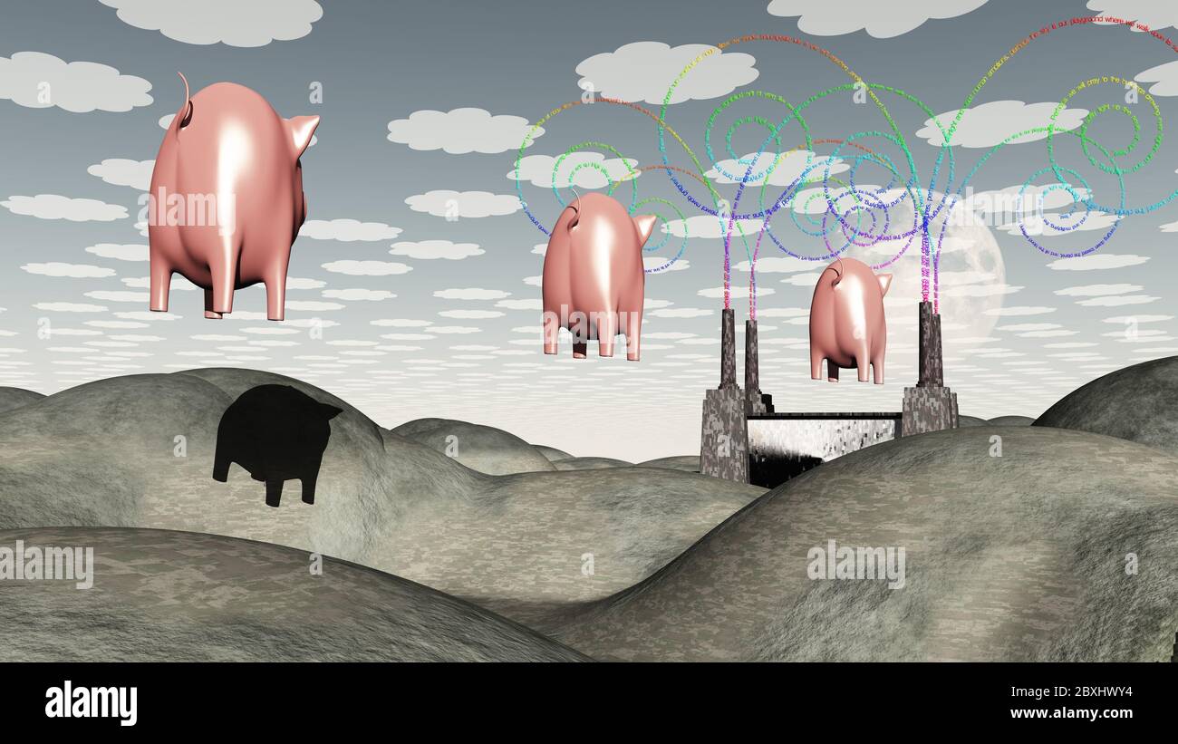 Surreal art. Factory and Flying Pigs Stock Photo - Alamy