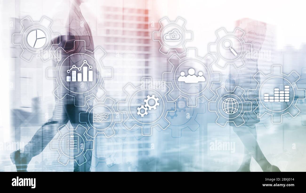 Business process abstract diagram with gears and icons. Workflow and ...