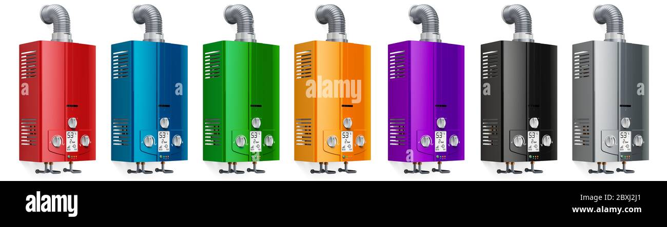 Set of colored Gas boilers, water heaters. 3D rendering isolated on ...