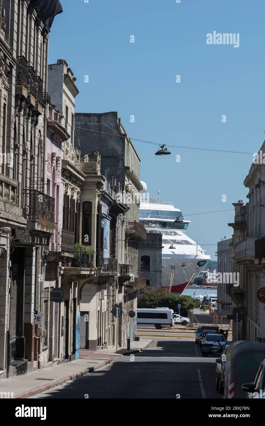 Street view in the historic centre of Montevideo looking towards the ...