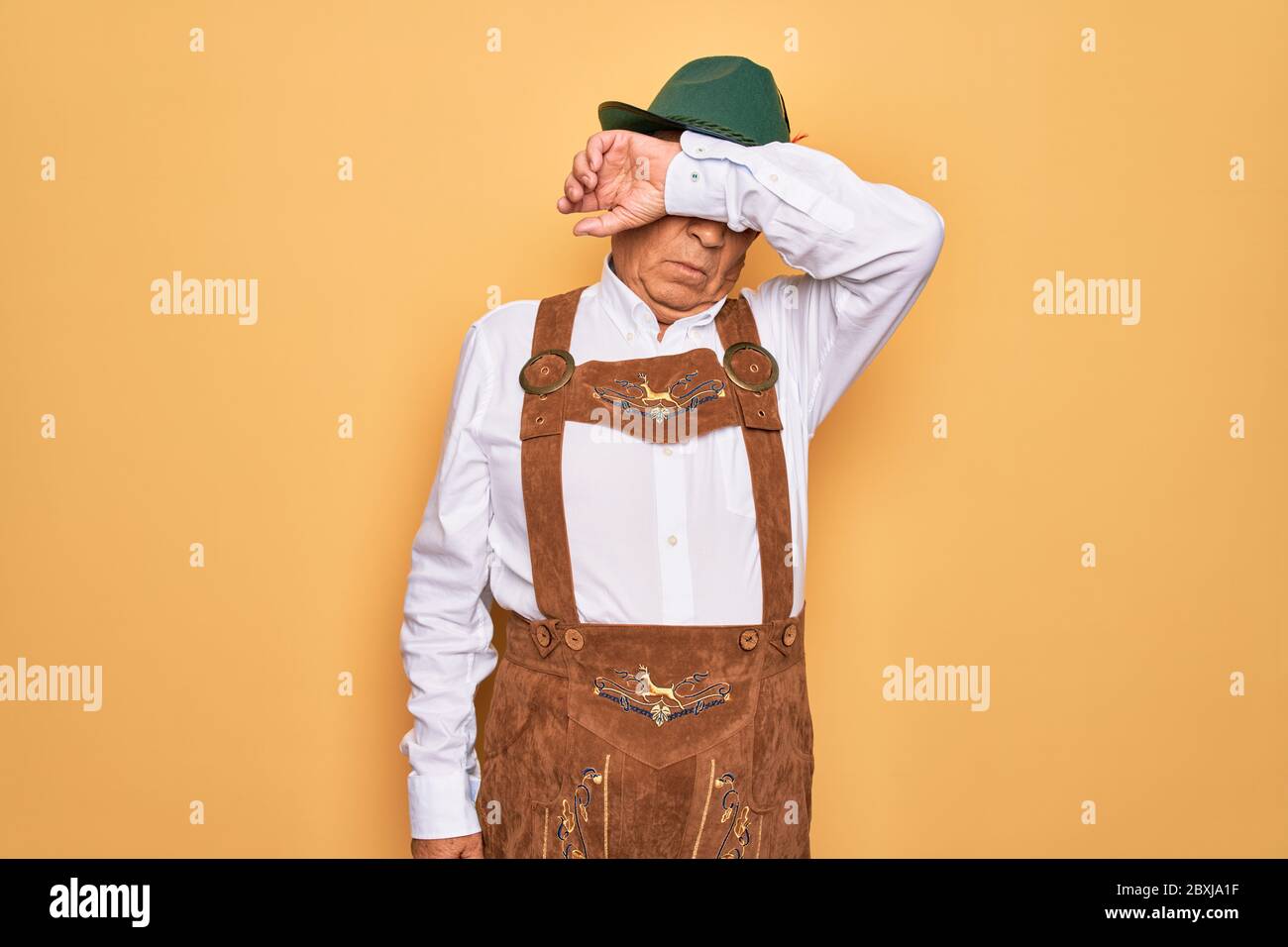 Senior grey-haired man wearing german traditional octoberfest suit over ...