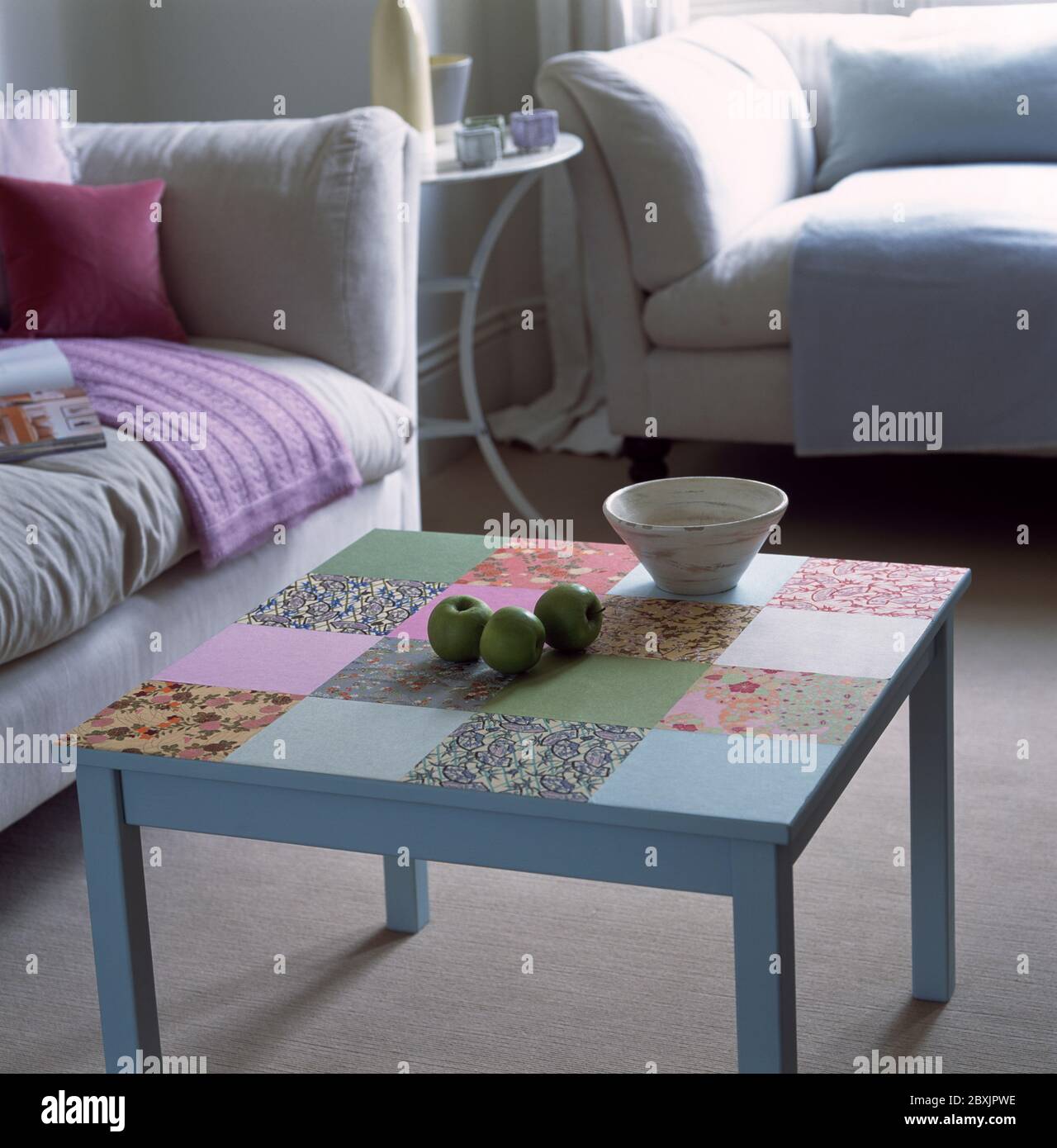Patchwork of different patterns on this ordinary wooden table Stock ...