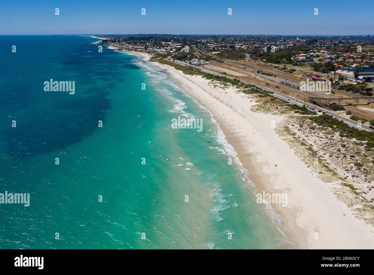 Aerial view of Freemantle beach with kite surfers in Perth, Western ...