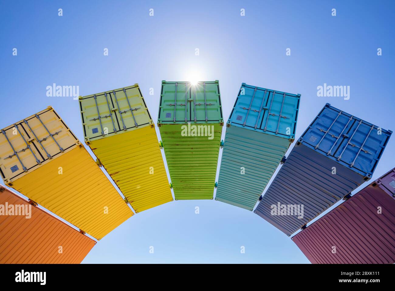 Wide angle view of rainbow coloured shipping containers in Freemantle ...