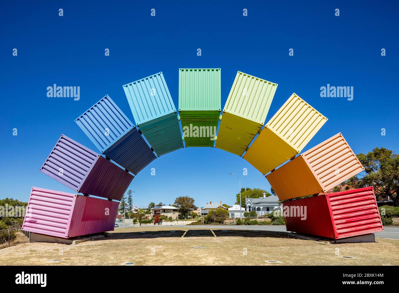 Wide angle view of rainbow coloured shipping containers in Freemantle ...