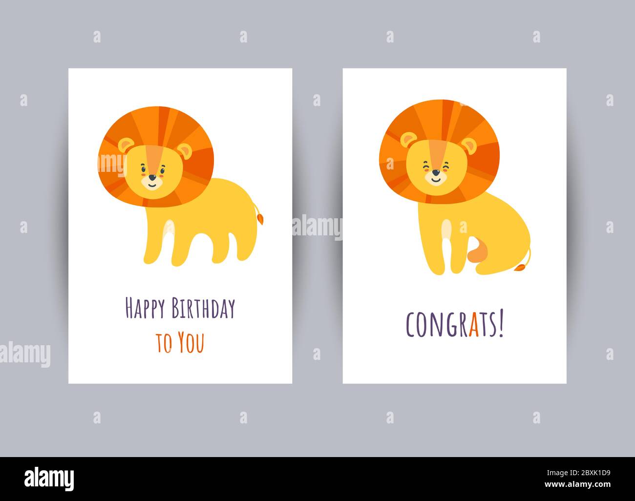 Greeting cards with cute lions. Happy birthday set of cards. Vector ...